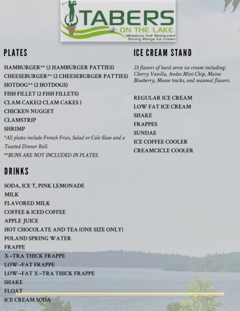 Food & Ice Cream Menu - Tabers